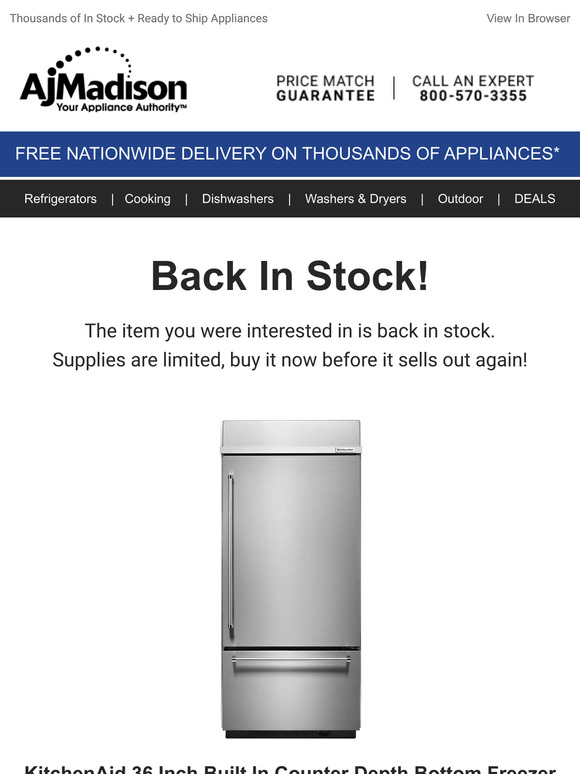 AJ Madison: Back in stock! KitchenAid 36 Inch Built In Counter Depth ...