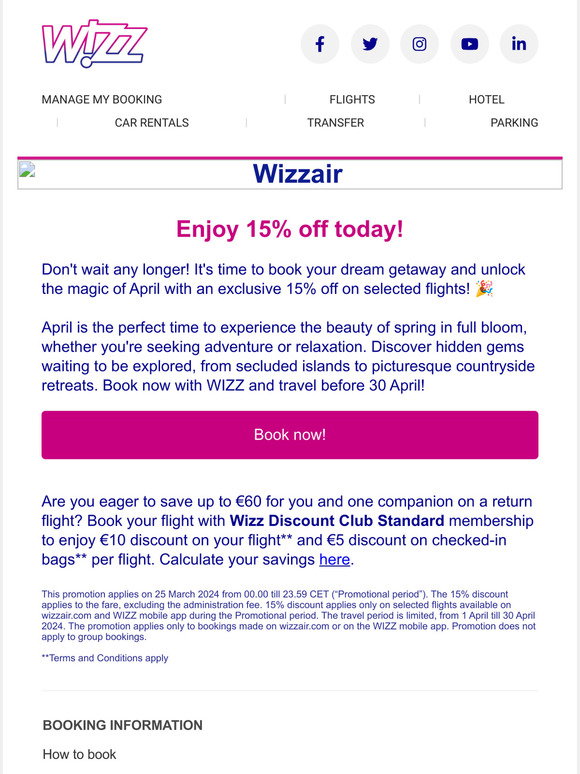 Wizz Air: 15% OFF today! ️💸 | Milled