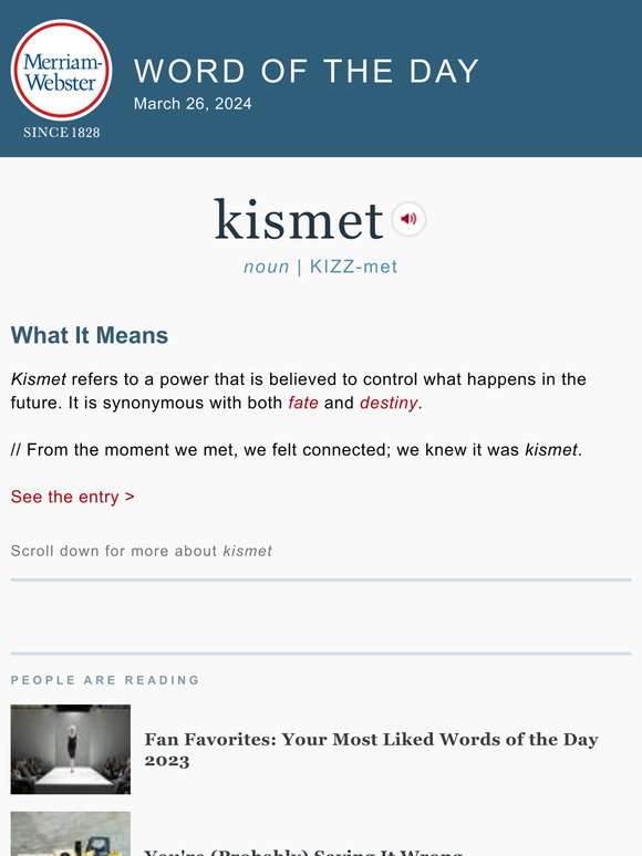 Merriam-Webster: Kismet - plus, Fan Favorites: Your Most Liked Words of ...
