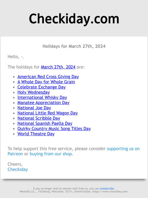 Checkiday: Holidays for March 27th, 2024! 📅🎉 | Milled