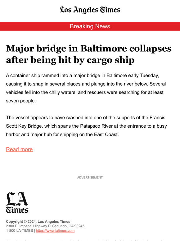 Los Angeles Times: Major bridge in Baltimore collapses after being hit ...