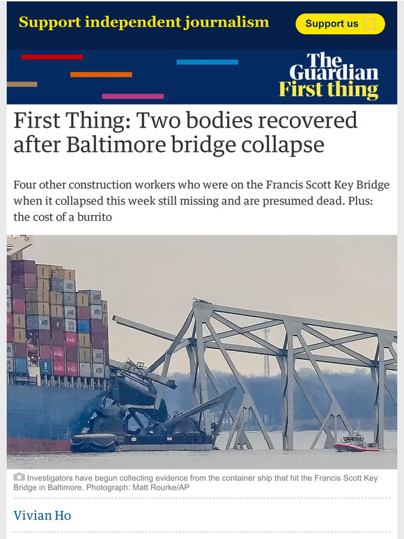 The Guardian: Two bodies recovered after Baltimore bridge collapse ...