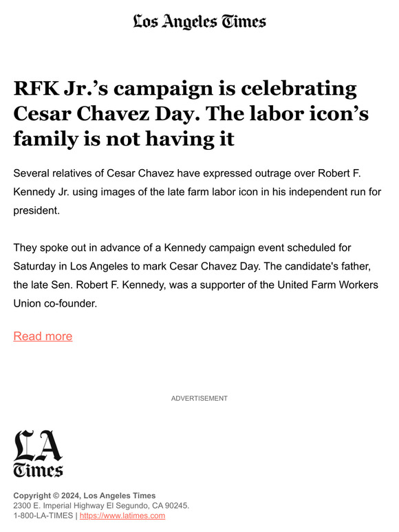 Los Angeles Times: RFK Jr.’s campaign is celebrating Cesar Chavez Day ...