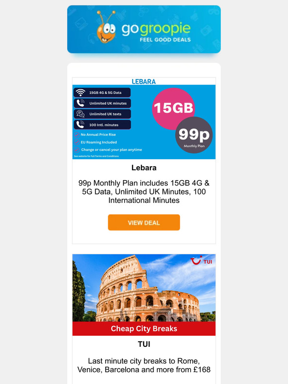 Go Groopie: TUI Breaks from £168 | 99p Lebara Sim Only Deal | Legoland ...