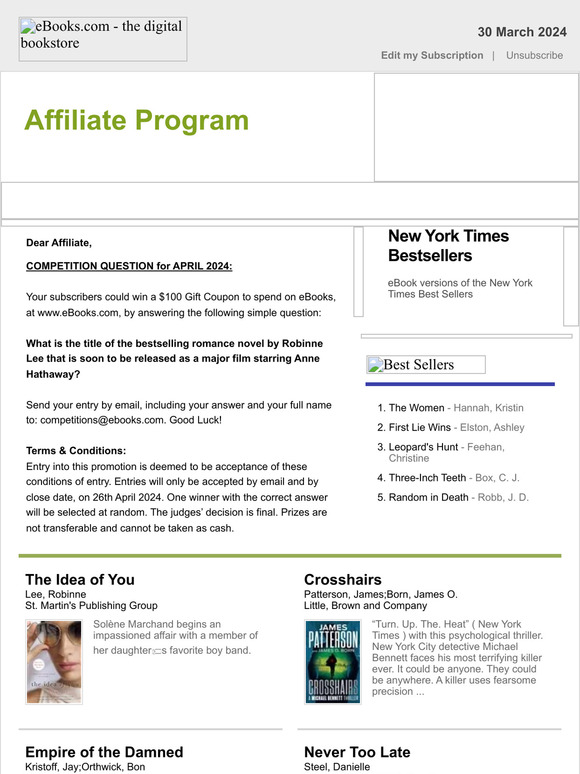 eBooks: Affiliate Program : Your Subscribers Could Win an eBooks.com ...