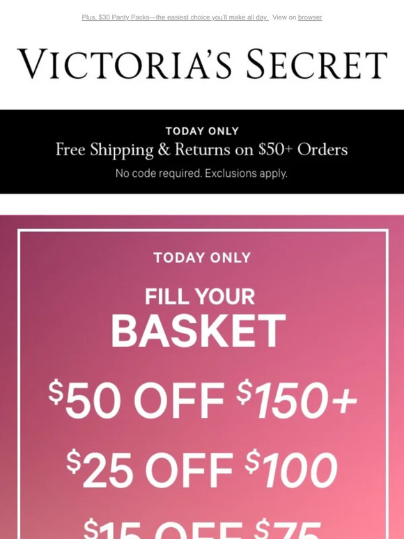 Victoria's Secret: Today Only: $50 Off—Fill Your Basket | Milled