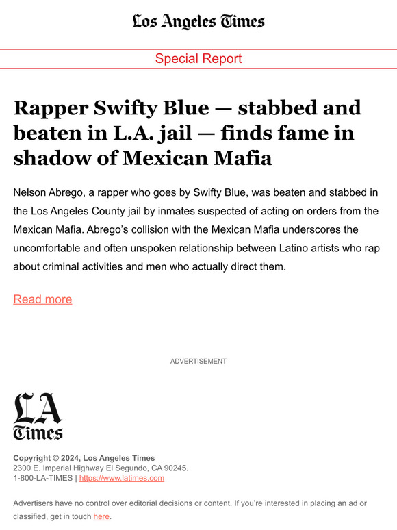 Los Angeles Times: Rapper Swifty Blue stabbed and beaten in L.A. jail ...