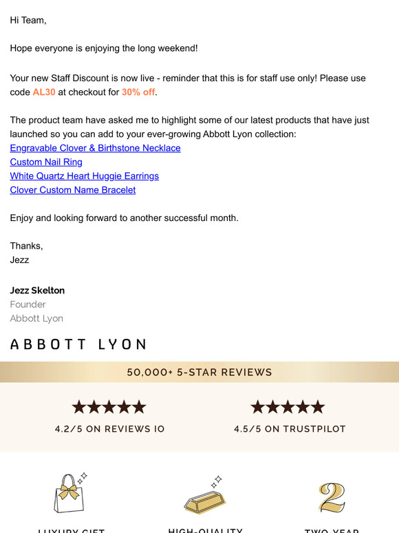 Abbott Lyon UK: CONFIDENTIAL ⚠️ New staff discount code | Milled