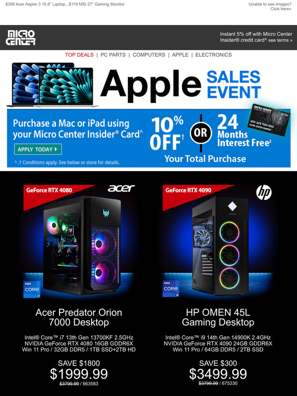 Micro Center: $1999 Acer Predator Orion 7000 PC...$3499 HP Omen 45L ...