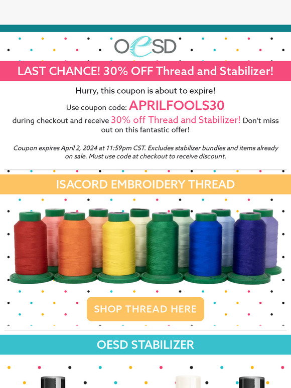 Embroidery Online: LAST CHANCE! 30% OFF Thread and Stabilizer NOW! | Milled