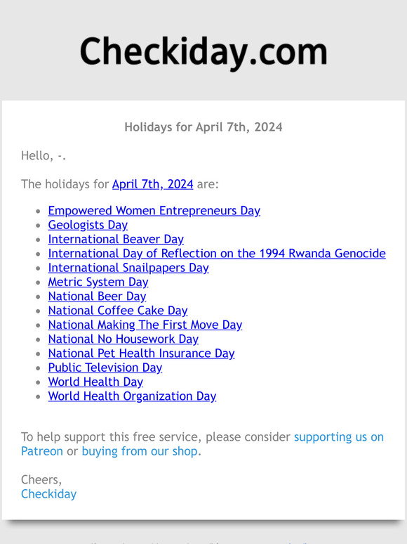 Checkiday: Holidays for April 7th, 2024! 📅🎉 | Milled