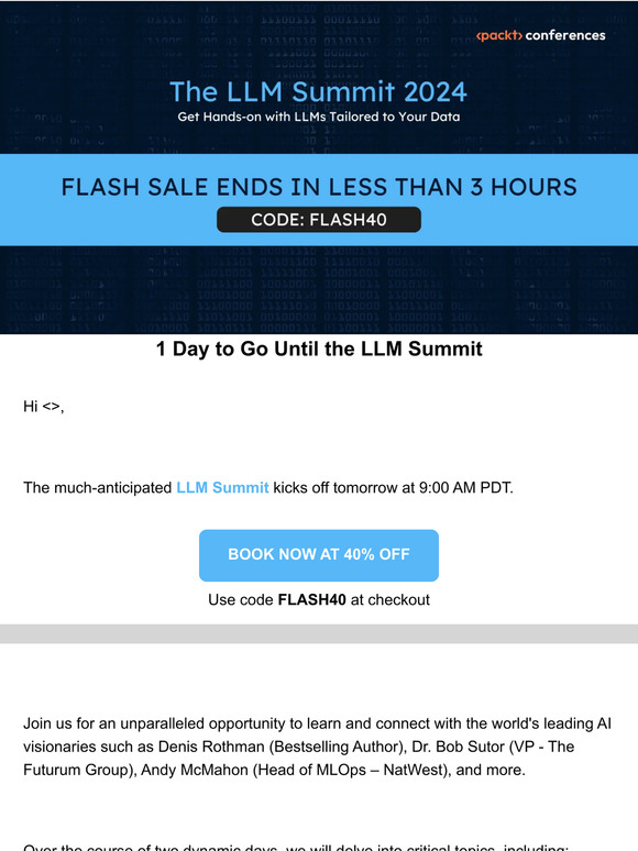 Packt: [LLM Summit] FLASH40 expires in 3 hours! | Milled