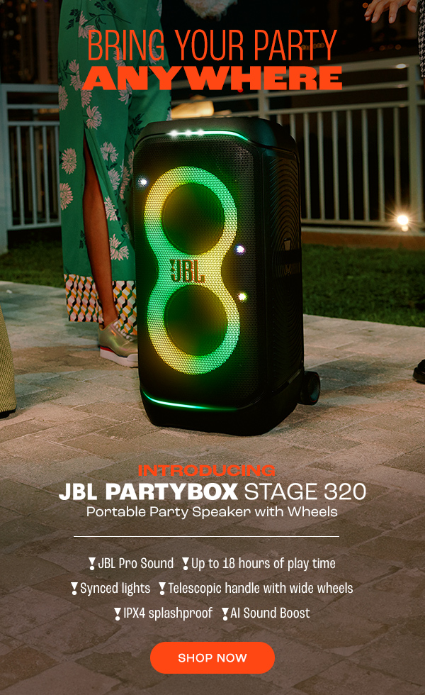 JBL: Introducing JBL Partybox Stage 320! Party Speaker with Wheels | Milled