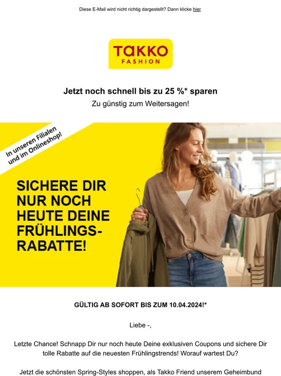 Takko Fashion: Nur noch heute! Spare bis zu 25 % mit Deinen Coupons ...