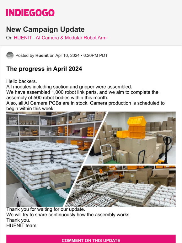 Indiegogo: 📢 Update #23 from HUENIT - AI Camera & Modular Robot Arm ...