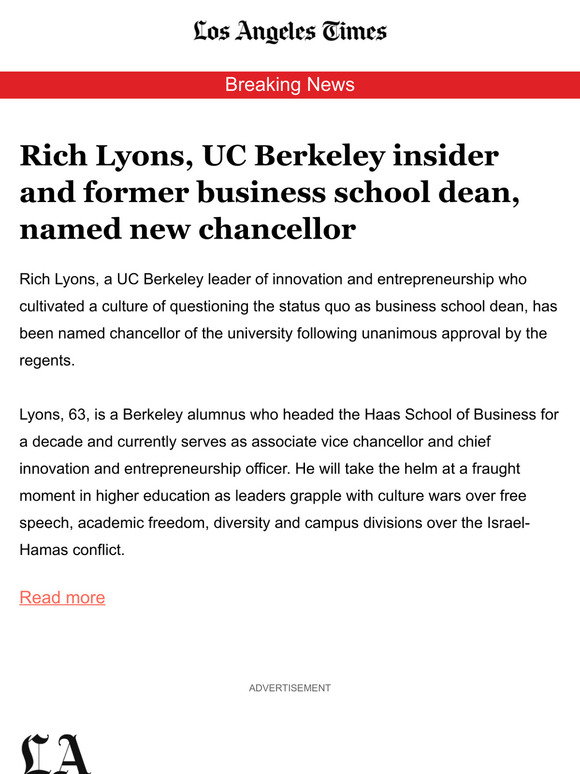 Los Angeles Times: Rich Lyons, UC Berkeley insider and former business ...