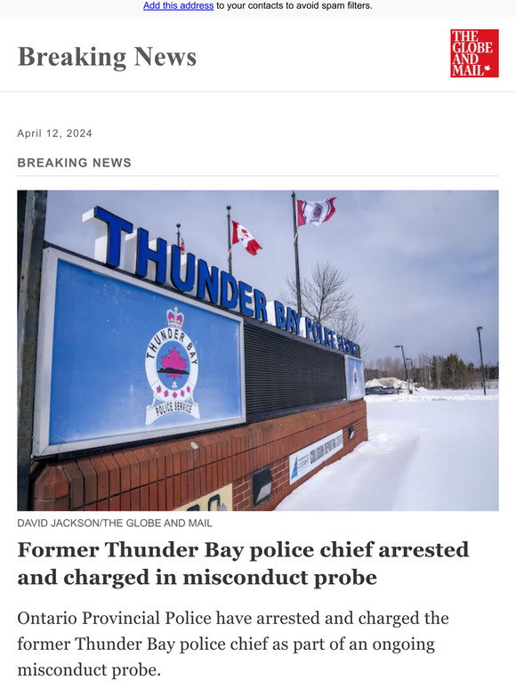 The Globe and Mail: Breaking news: Former Thunder Bay police chief ...
