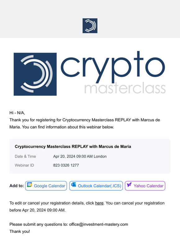 Investment Mastery: Cryptocurrency Masterclass REPLAY with Marcus de Maria Confirmation | Milled