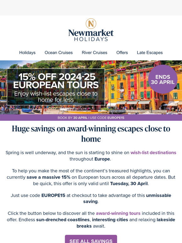 Newmarket Holidays: Starting today: 15% off 2024-25 European tours | Milled