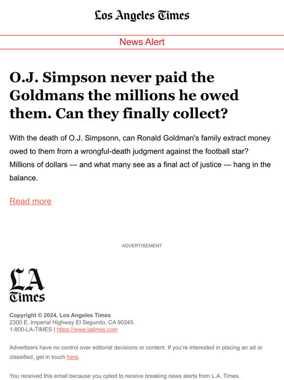 Los Angeles Times: O.J. Simpson never paid the Goldmans the millions he ...