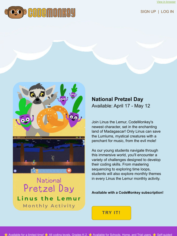 CodeMonkey: 🎉 Introducing Linus the Lemur's Monthly Adventure: National Pretzel Day Edition! 🥨 ...