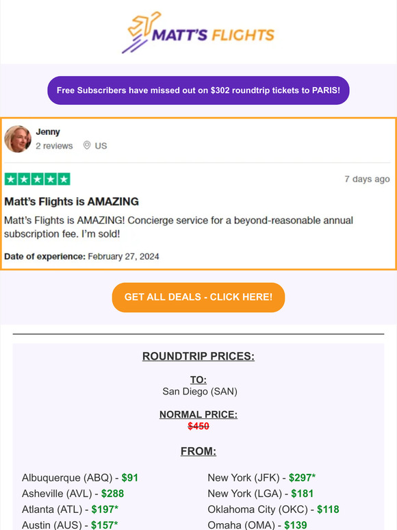 Matt's Flights: ️ SAN DIEGO Starting at $48 Roundtrip Nonstop | Milled