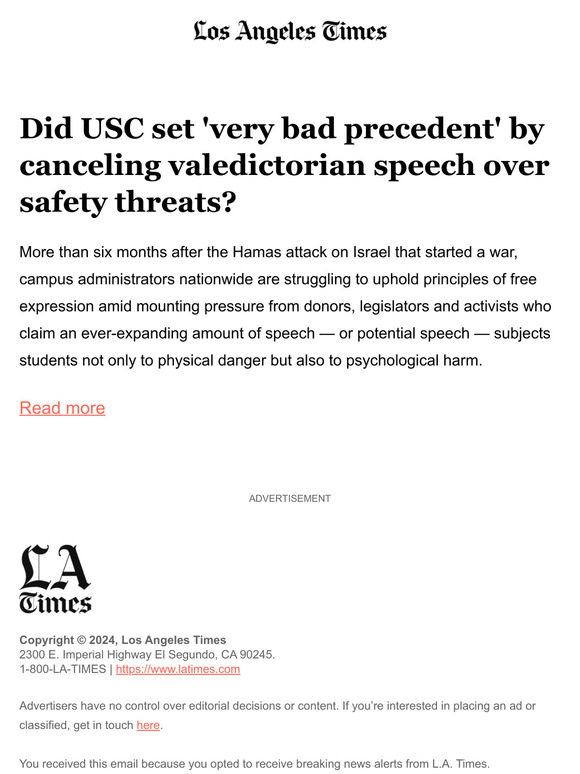 Los Angeles Times: Did USC set 'very bad precedent' by canceling ...
