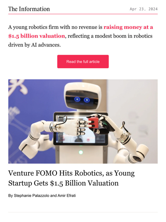 The Information: Venture FOMO Hits Robotics, as Young Startup Gets $1.5 Billion Valuation | Milled