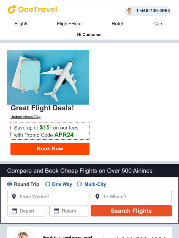 OneTravel: Great Flight Deals: Save Up to $15 On our fees! | Milled