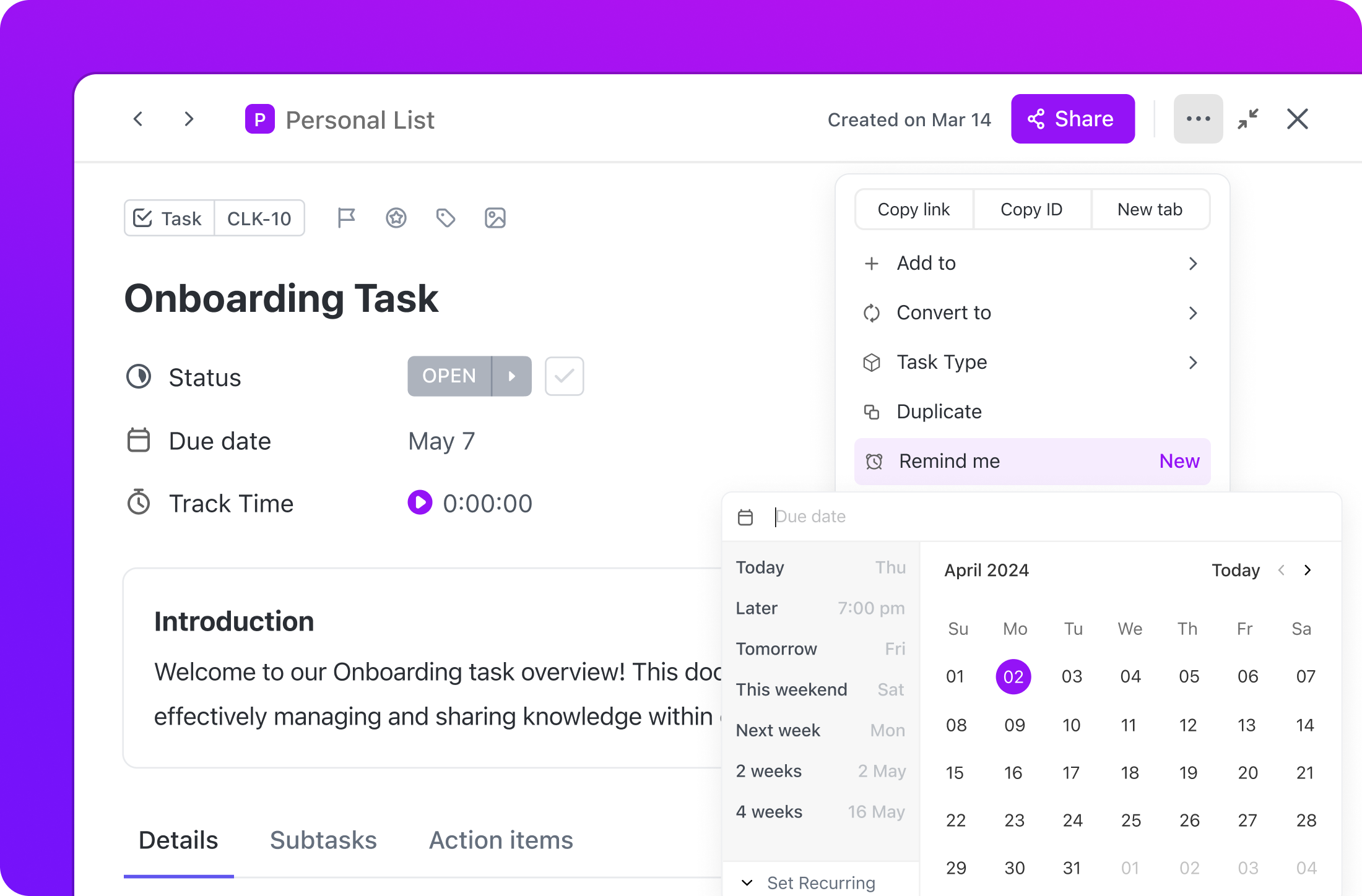 ClickUp: Create reminders from tasks, customize properties on task view ...