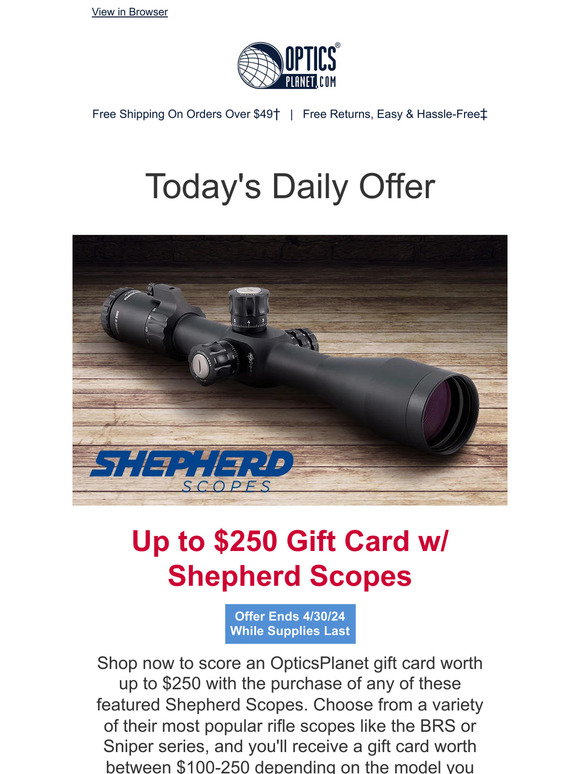 OpticsPlanet: Gift Card w/ Select Shepherd Scopes (Up to $250 Value ...