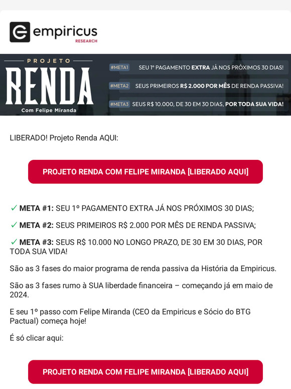 Empiricus: Liberado: Projeto Renda! Veja suas próximas metas aqui | Milled