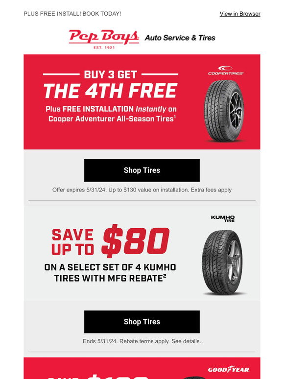 Pep Boys: 📣YOUR 4TH TIRE IS FREE📣 | Milled