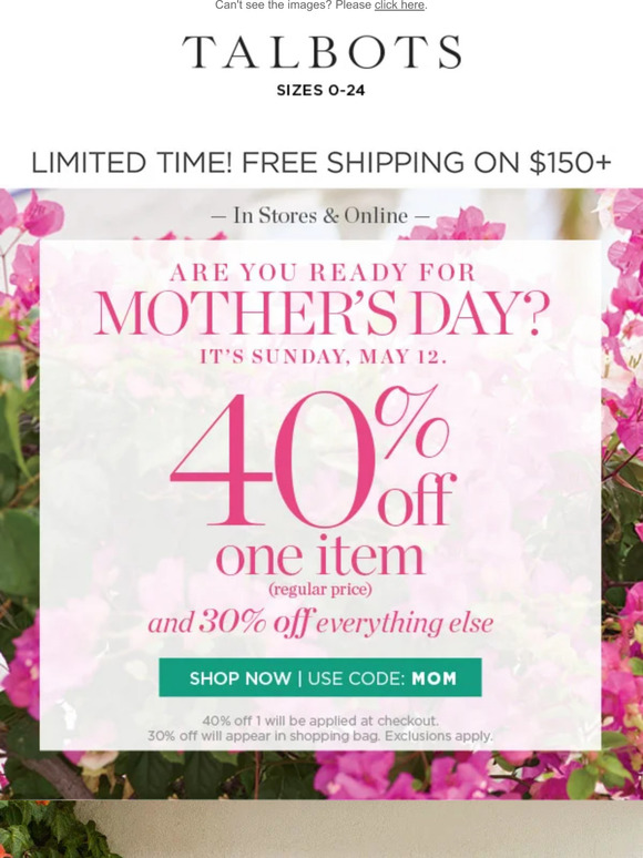 Talbots: 🌸 40% off 1 + 30% off the rest STARTS NOW! | Milled