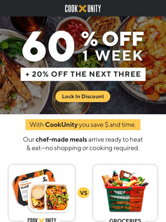 Cook Unity: 🥘 Taste the Savings: 60% Off + 20% Off your next three weeks | Milled