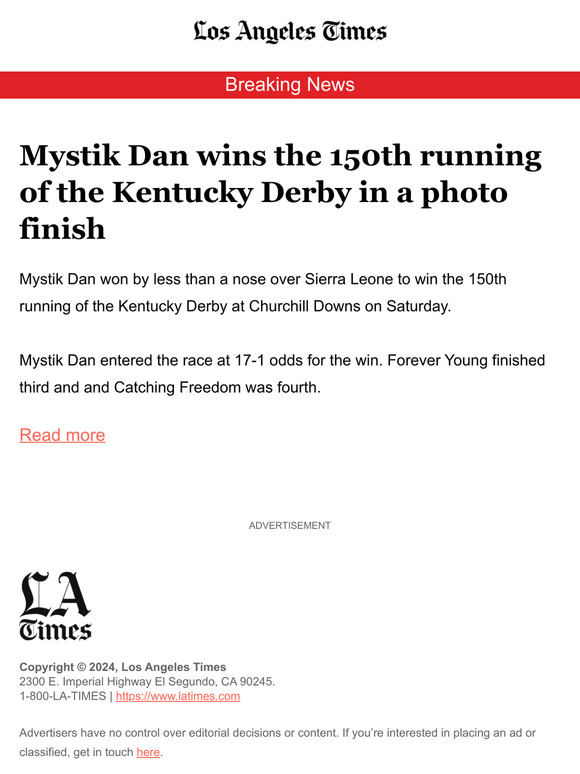 Los Angeles Times: Breaking News: Mystik Dan wins the 150th running of ...