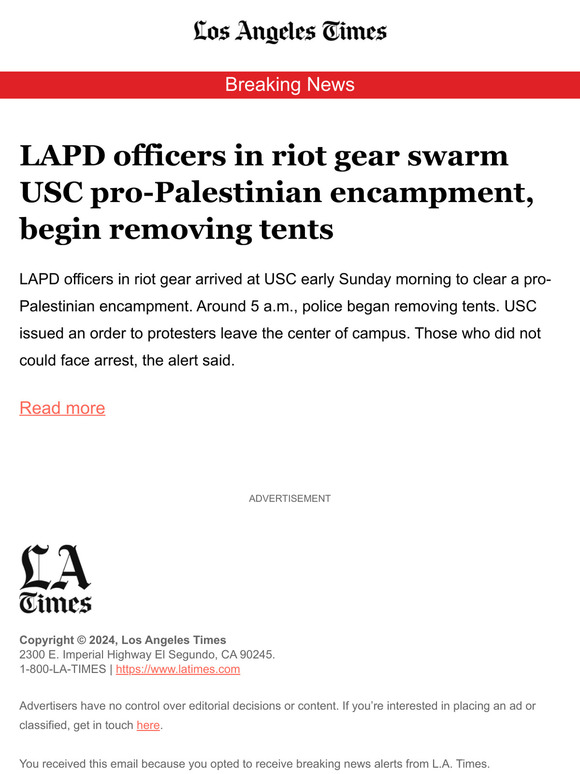 Los Angeles Times: LAPD officers in riot gear swarm USC pro-Palestinian ...