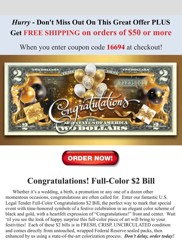 National Collector's Mint: Free Shipping! ★ Congratulations $2 Bill ...