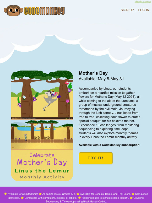 CodeMonkey: 🌹🌻🌷 Linus the Lemur's Monthly Adventure: Mother's Day Edition! | Milled