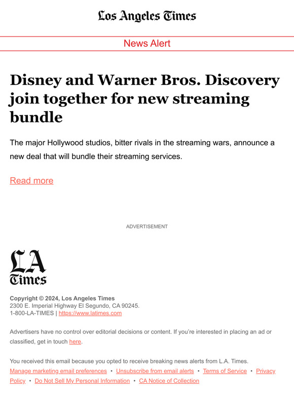 Los Angeles Times: Disney and Warner Bros. Discovery unveil streaming ...