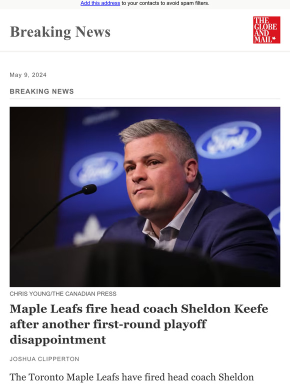 The Globe and Mail: Breaking news: Maple Leafs fire head coach Sheldon ...