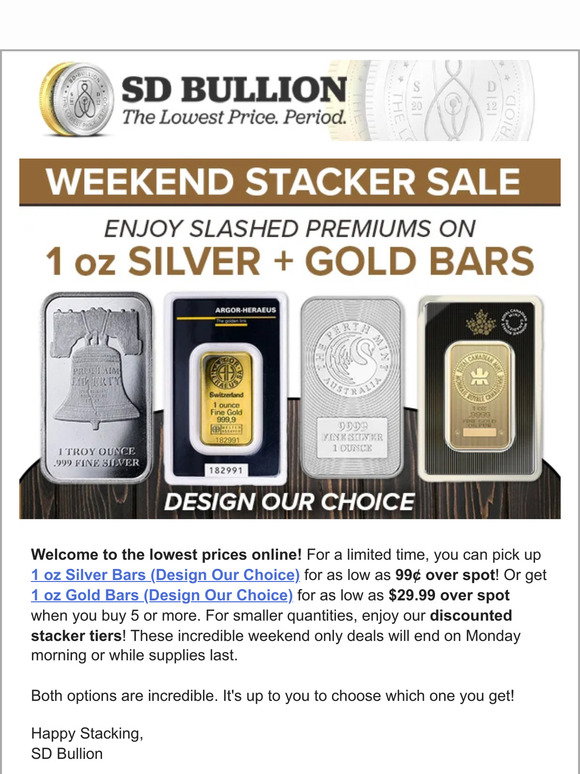 SD Bullion: 🔥 Weekend Stacker Sale: 1 oz Silver + Gold Bar Blast | Milled