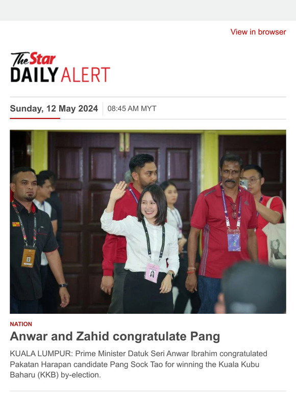 The Star: Anwar and Zahid congratulate Pang | Woman’s car crushed by ...