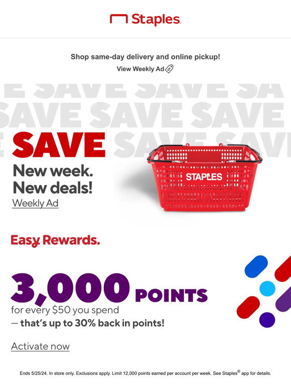 Staples: 📣 ATTN: 3,000 points for EVERY $50 you spend! | Milled