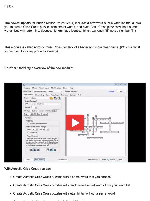 Book Publisher Tools: Create Criss Cross puzzles with secret words | Milled