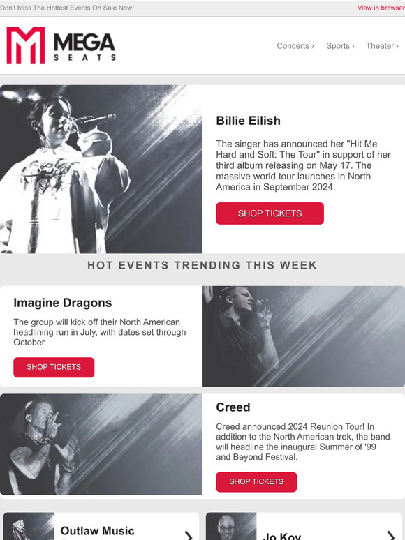 Mega Seats: Billie Eilish, Taylor Swift, Imagine Dragons, Jo Koy, and ...