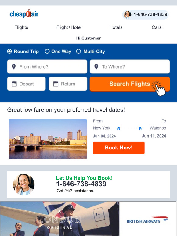 CheapOair: Your New York - Waterloo Flight Alert | Milled