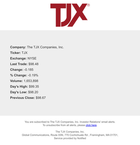 TJ Maxx: Stock Quote Notification for The TJX Companies, Inc. | Milled