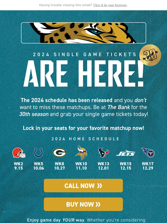 Jacksonville Jaguars: 30th Season Single Game Tickets Now On Sale | Milled
