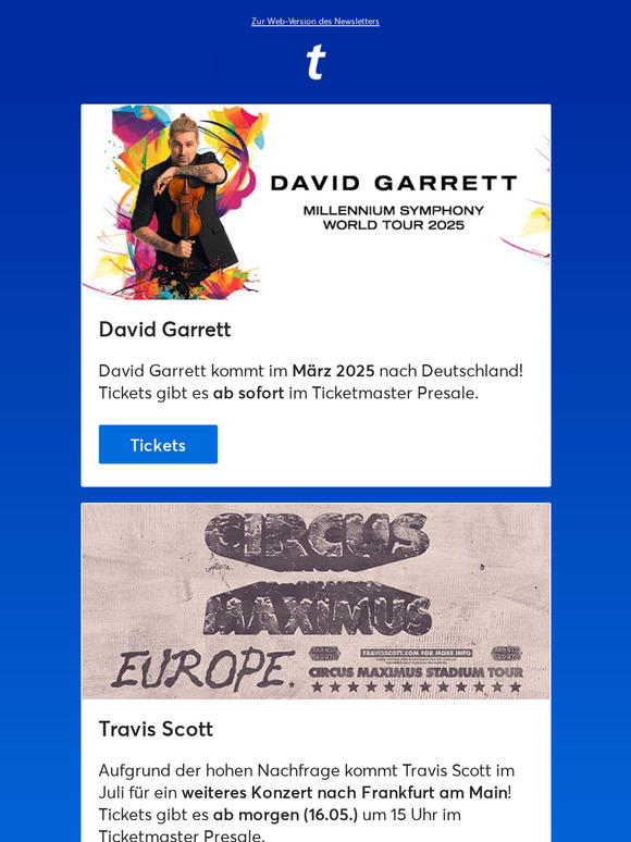 Ticketmaster: David Garrett, Travis Scott, Metallica, K-Pop-News & mehr! | Milled